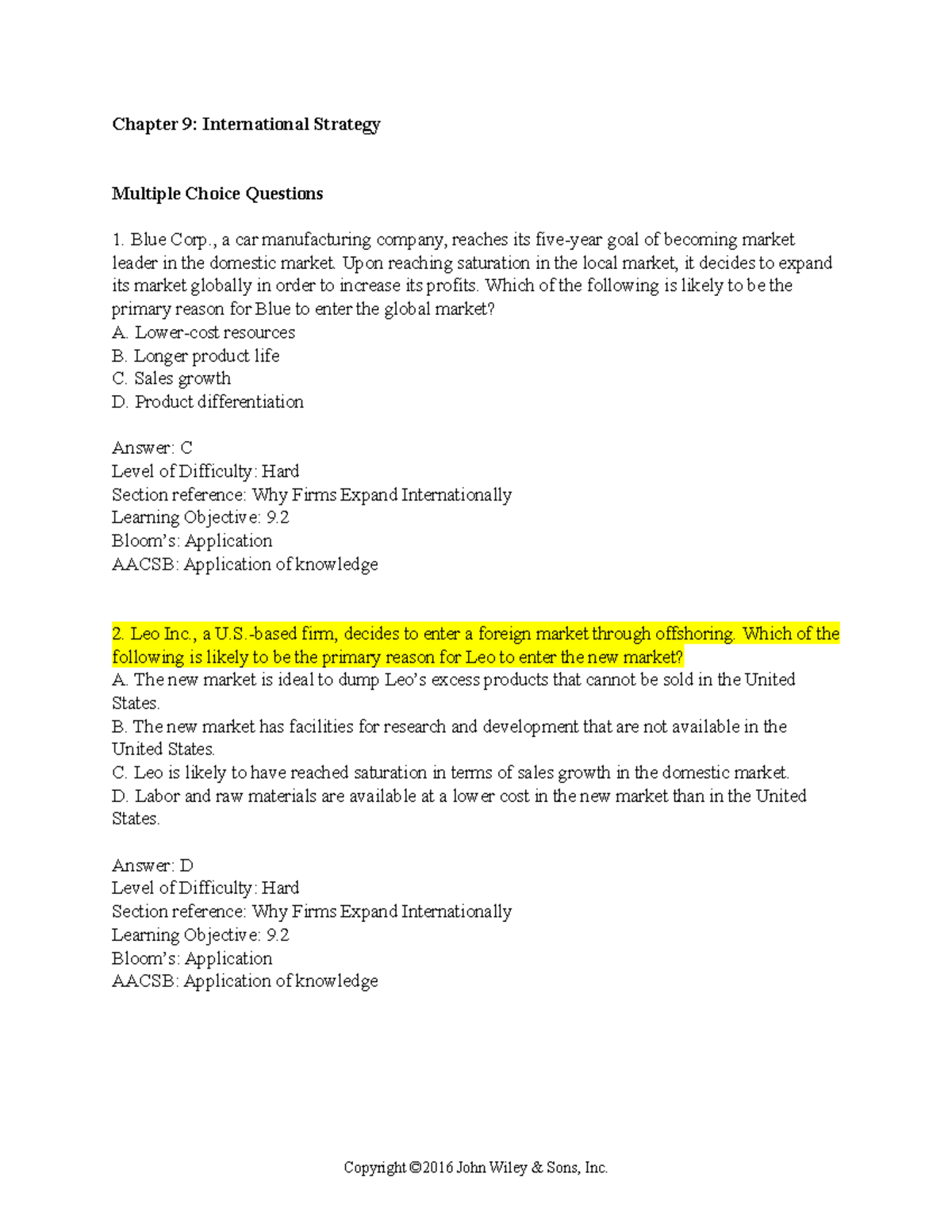 Chapter 9 - Multiple Choice - Chapter 9: International Strategy ... Chapter 9 - Multiple Choice - Chapter 9: International Strategy ...
