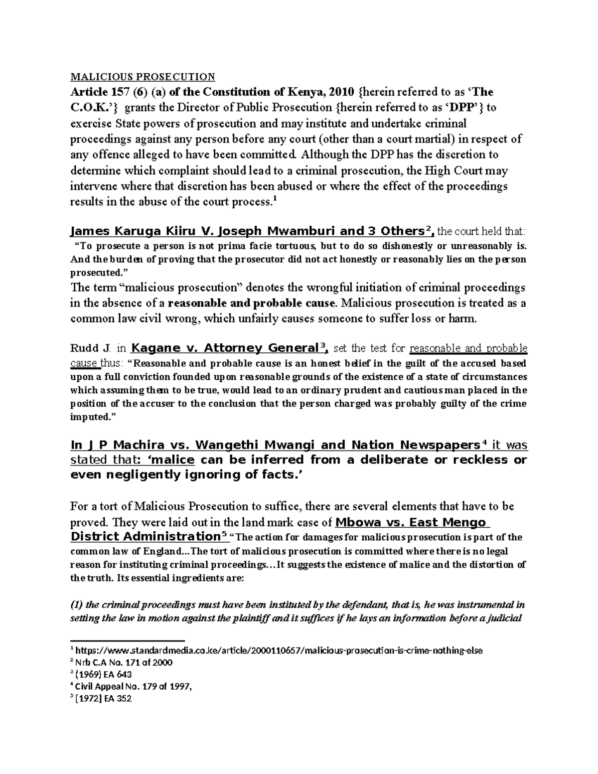 Malicious Prosecution - MALICIOUS PROSECUTION Article 157 (6) (a) of ...