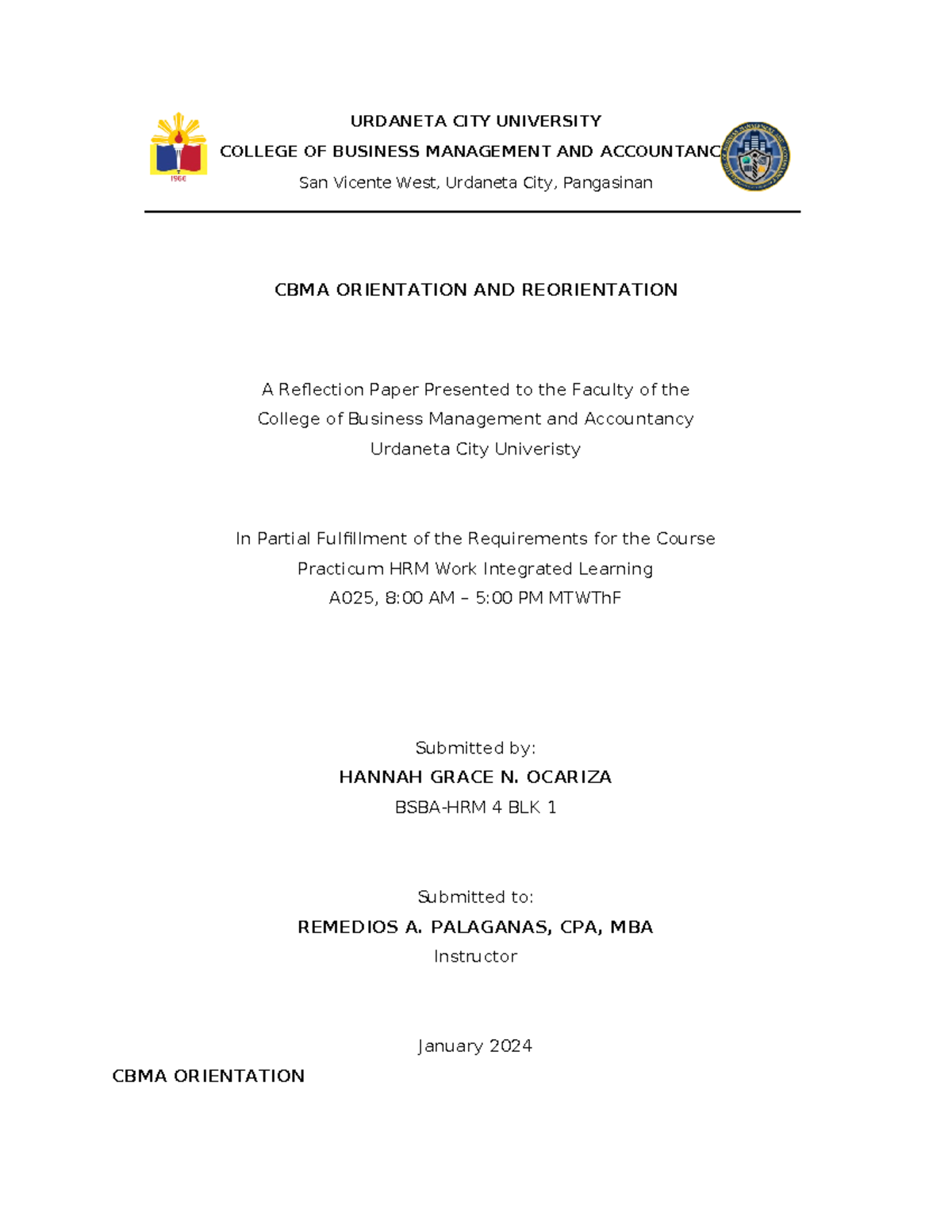 CBMA Orientation - Ocariza - Reflection - URDANETA CITY UNIVERSITY ...