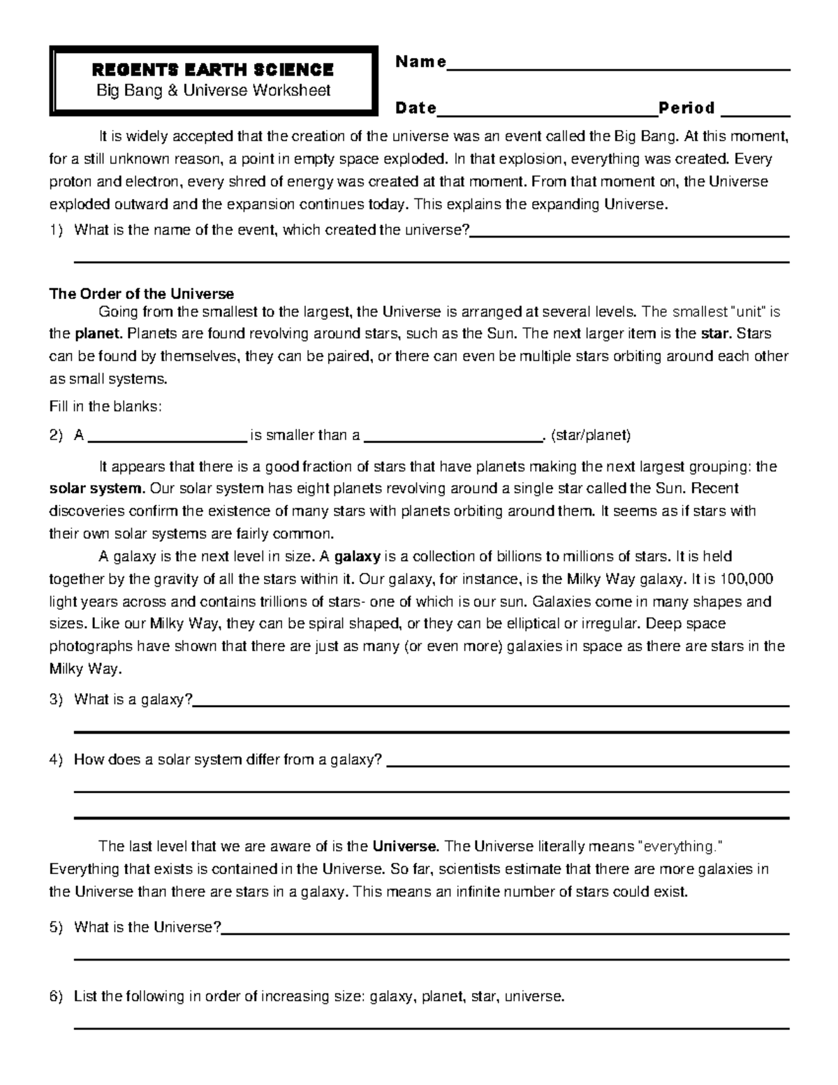 Big Bang Theory Universe Worksheet-1 - Name Date Period REGENTS EARTH ...