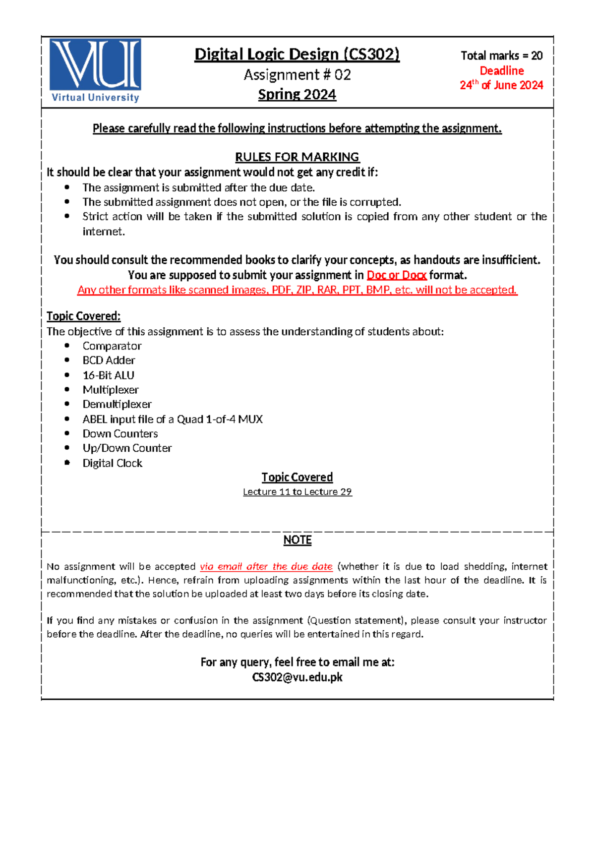 Spring 2024 CS302 2 - practice assignment - Digital Logic Design (CS302) Assignment # 02 Spring ...