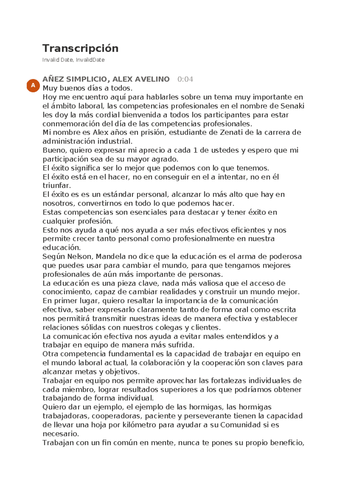 Discurso Competencia Profesionales - Transcripción Invalid Date ...