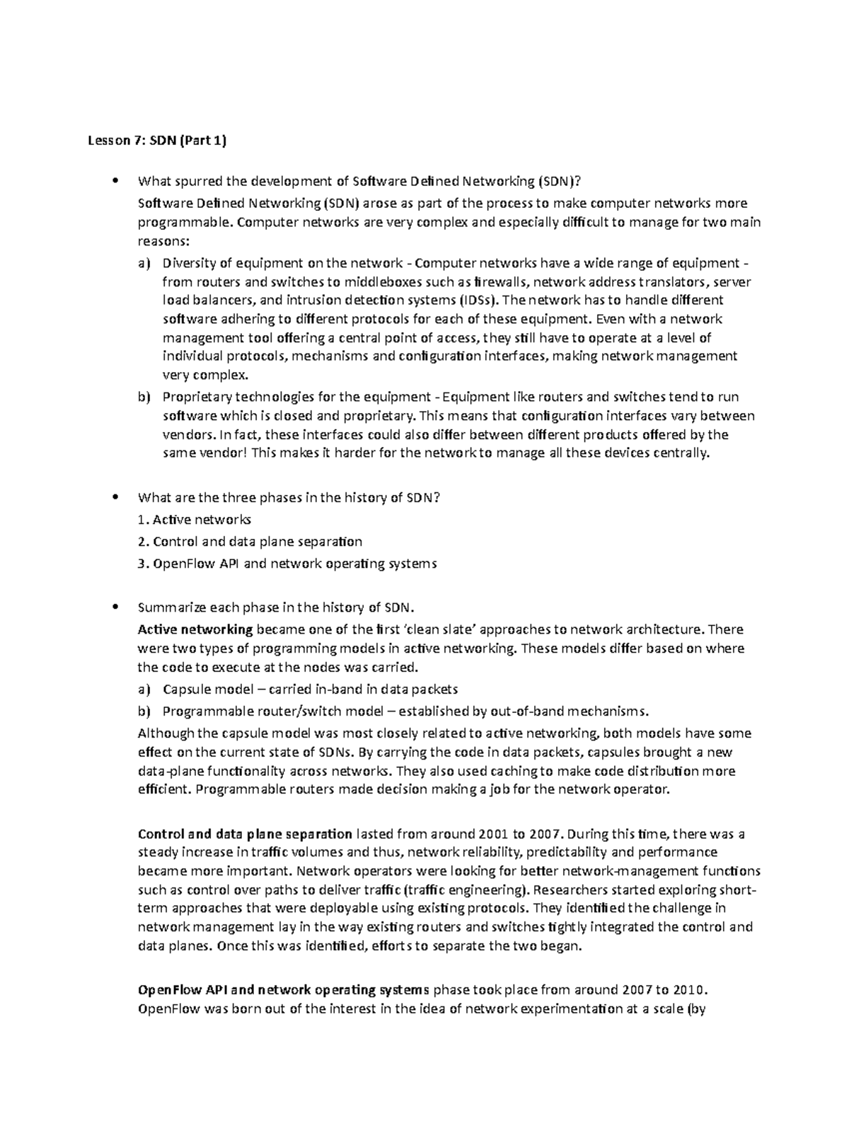 CS6250 Study question answers week7 - Lesson 7: SDN (Part 1) What ...