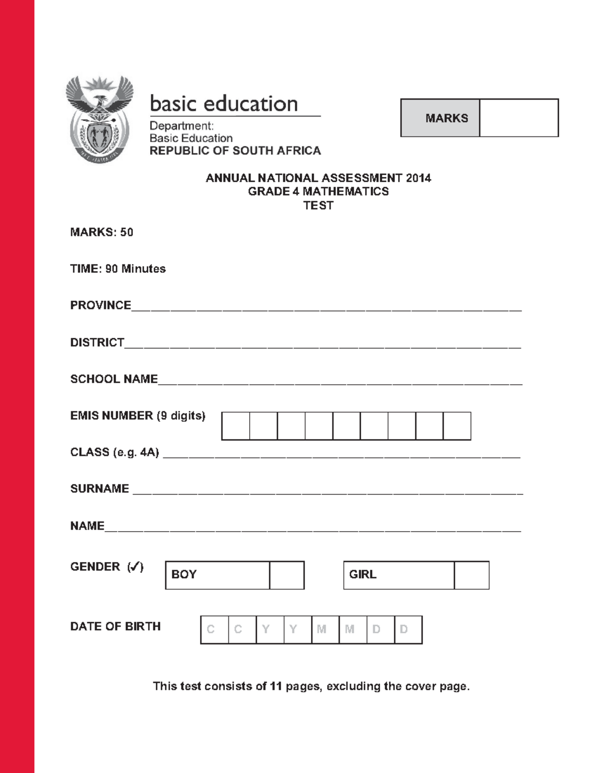 Grade 4 Mathematics Paper Eng - ANNUAL NATIONAL ASSESSMENT 2014 GRADE 4 ...