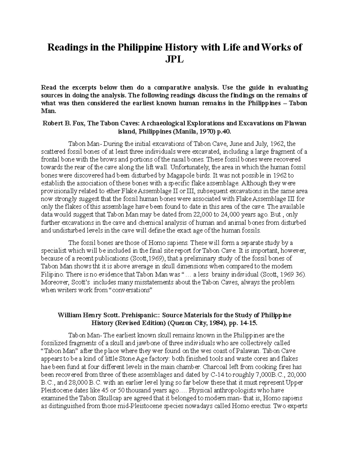 The Tabon Man Readings in the Philippine History with Life and Works of JPL - Readings in the ...