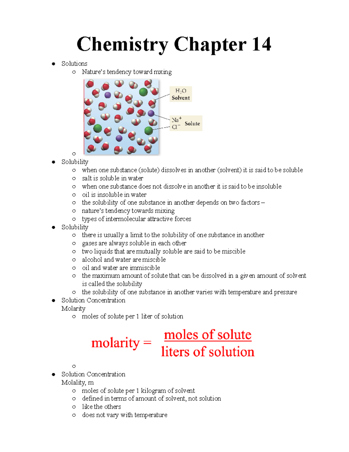 Chem notes chap 14 - Chemistry Chapter 14 Solutions Nature’s tendency ...
