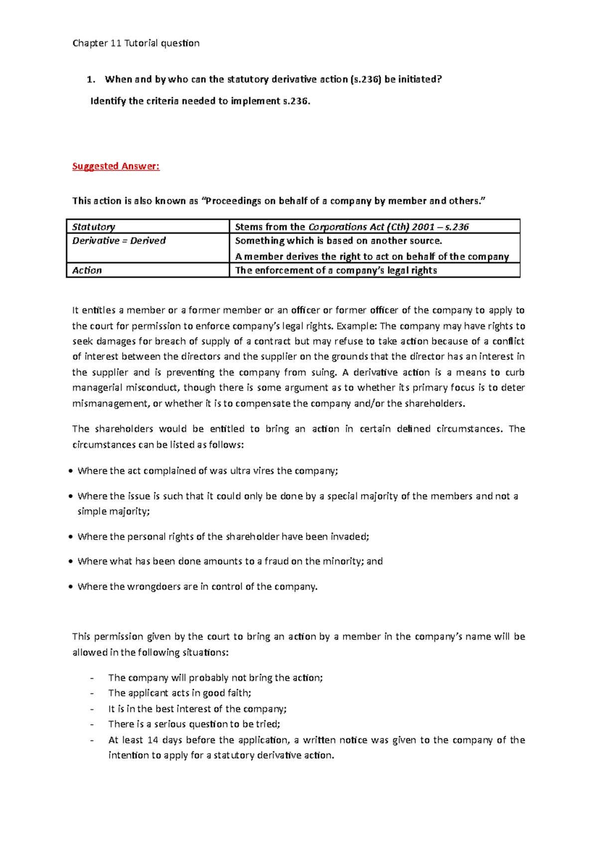 Chapter 11 Tutorial solution - Statutory derivative action - 1. When ...