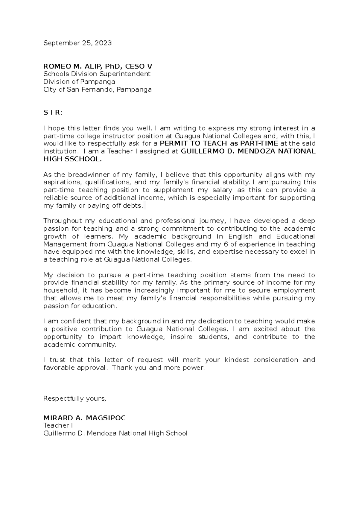 Letter permit to Teach - September 25, 2023 ROMEO M. ALIP, PhD, CESO V ...