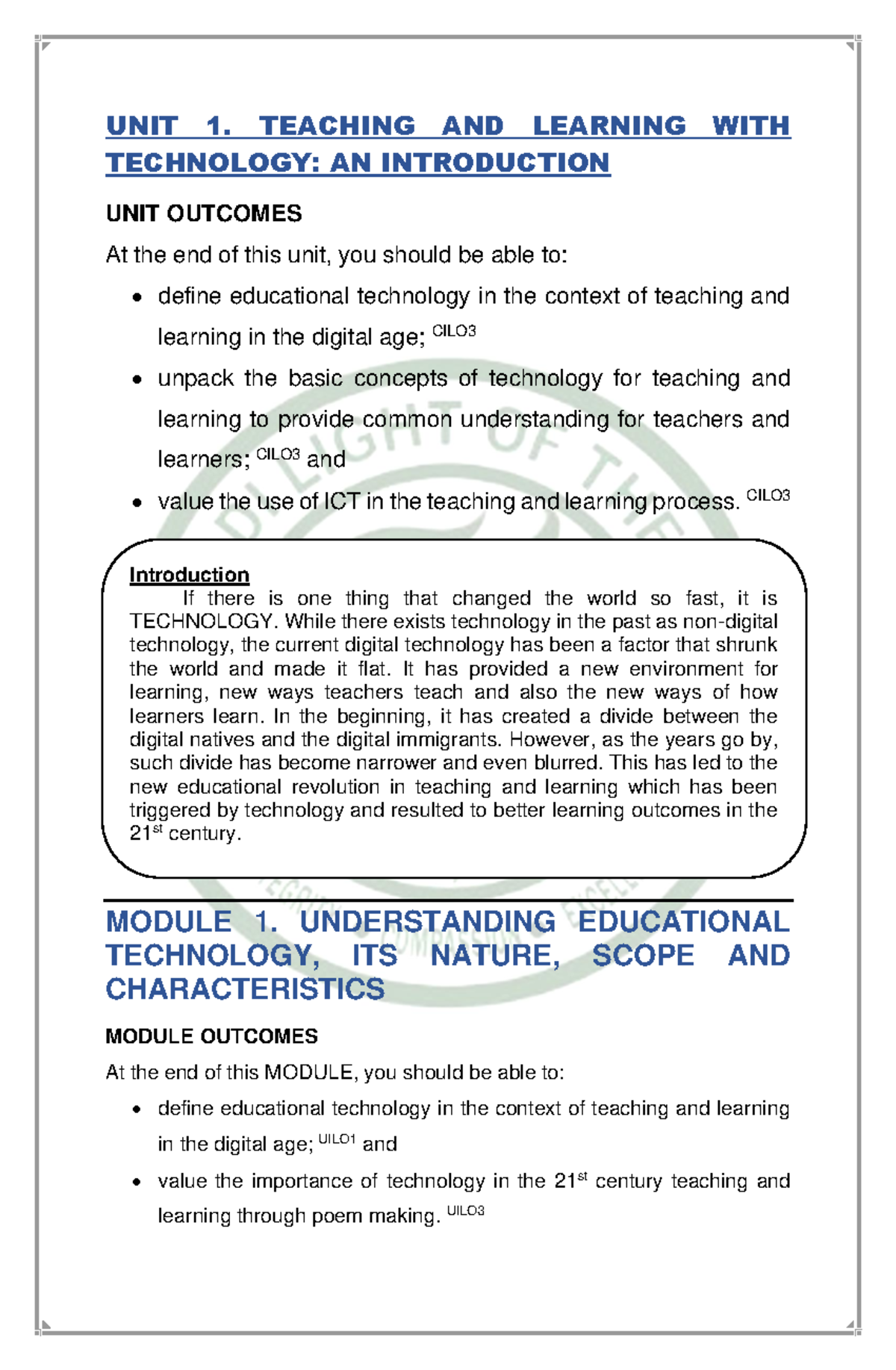 ( Module) Topic 1. Understanding Ed Tech - UNIT 1. TEACHING AND ...