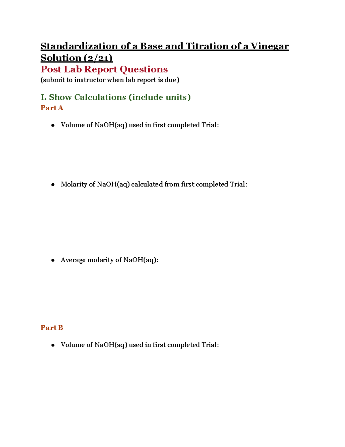 Lab 4 - Post Lab Questions for lab 4 - Standardization of a Base and Titration of a Vinegar ...