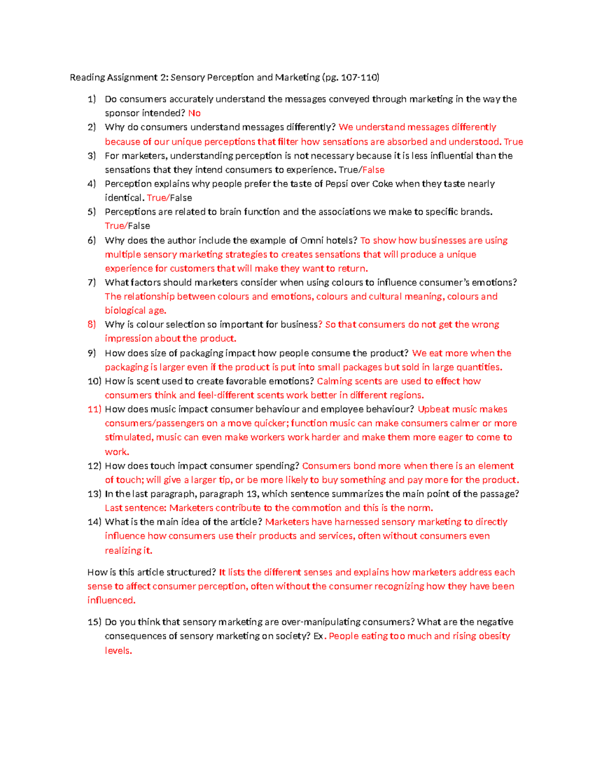 Reading Assignment 2 Answers - Reading Assignment 2: Sensory Perception and Marketing (pg. 107 ...