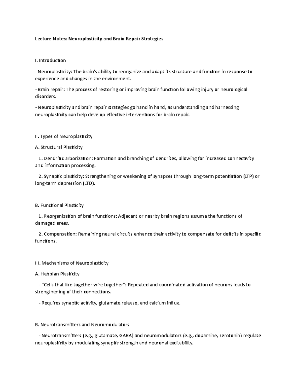 Lecture Notes: Neuroplasticity and Brain Repair Strategies ...