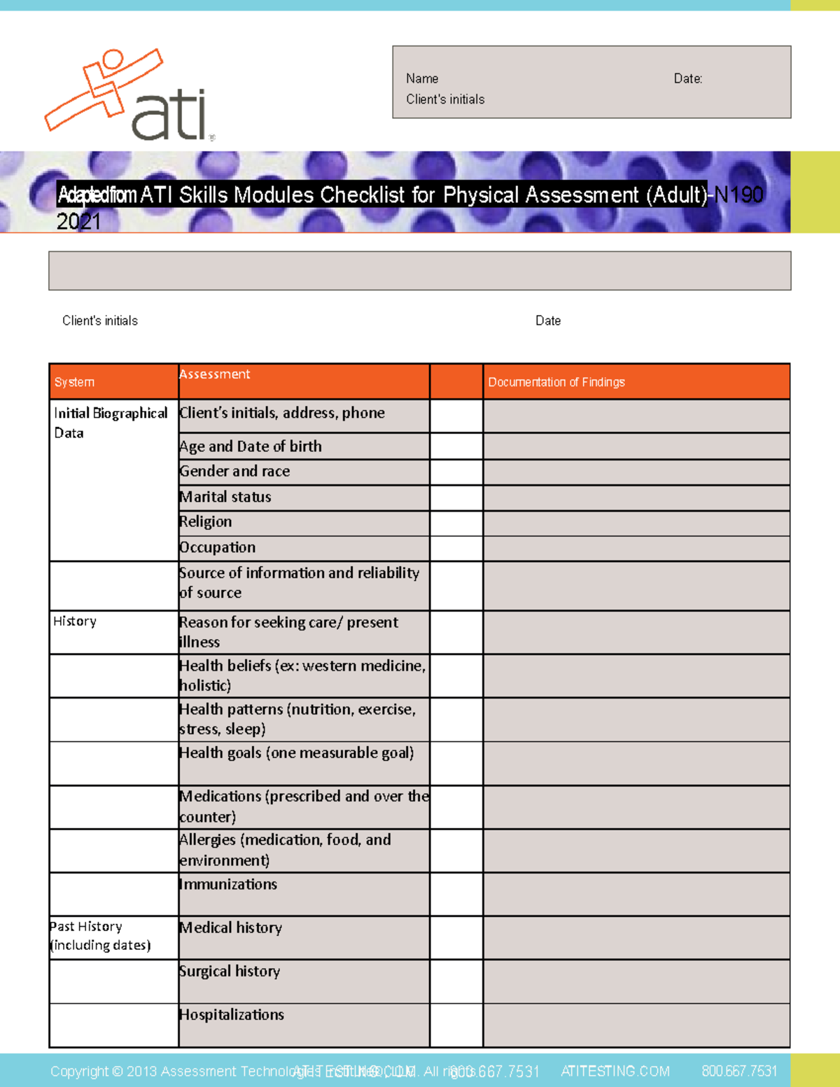 ATI Physical Assessment Worksheet (3) (1) (1) - Name Date: Client’s ...