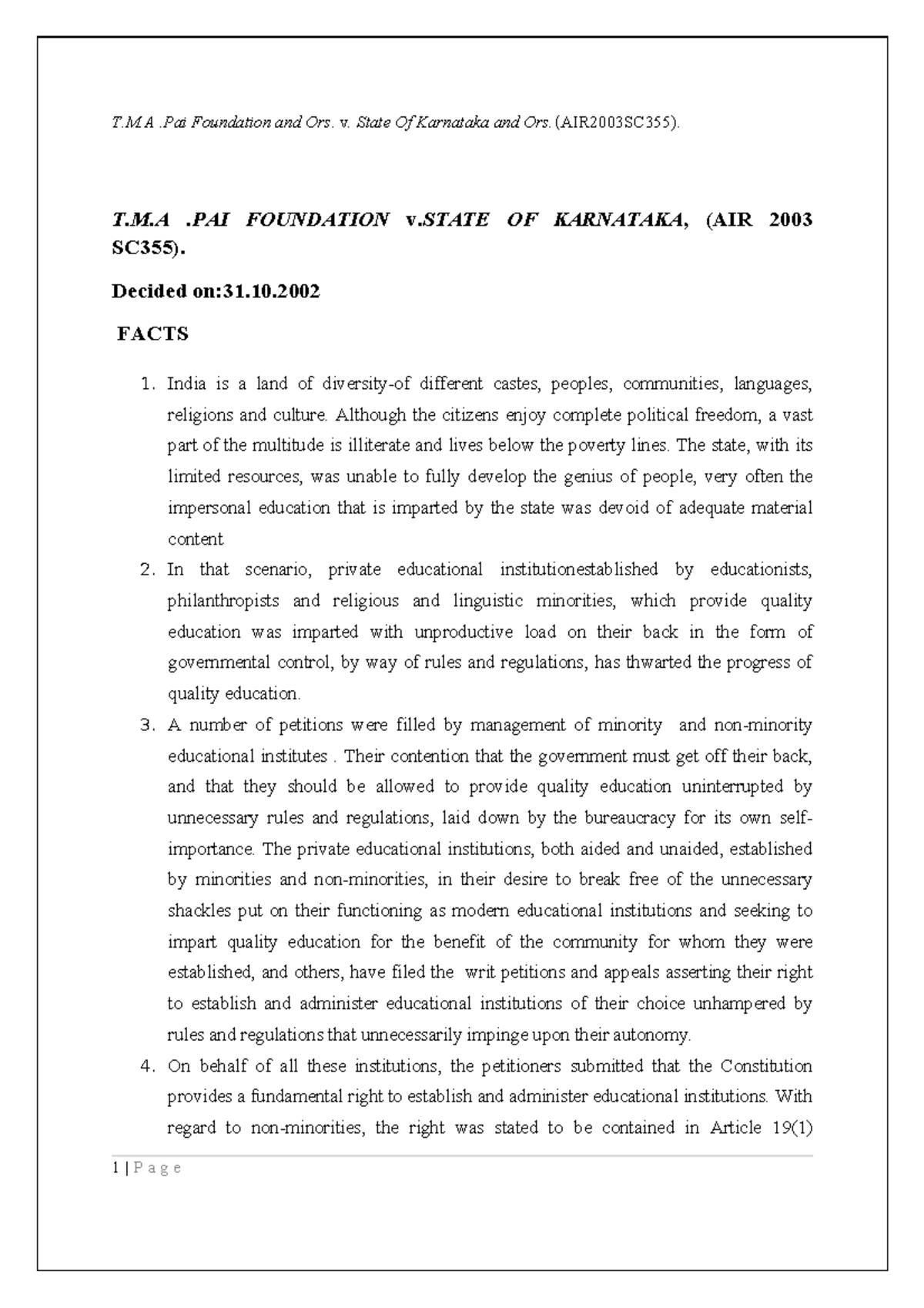 Scribd - ggggg - T.M .PAI FOUNDATION v OF KARNATAKA, (AIR 2003 SC355 ...