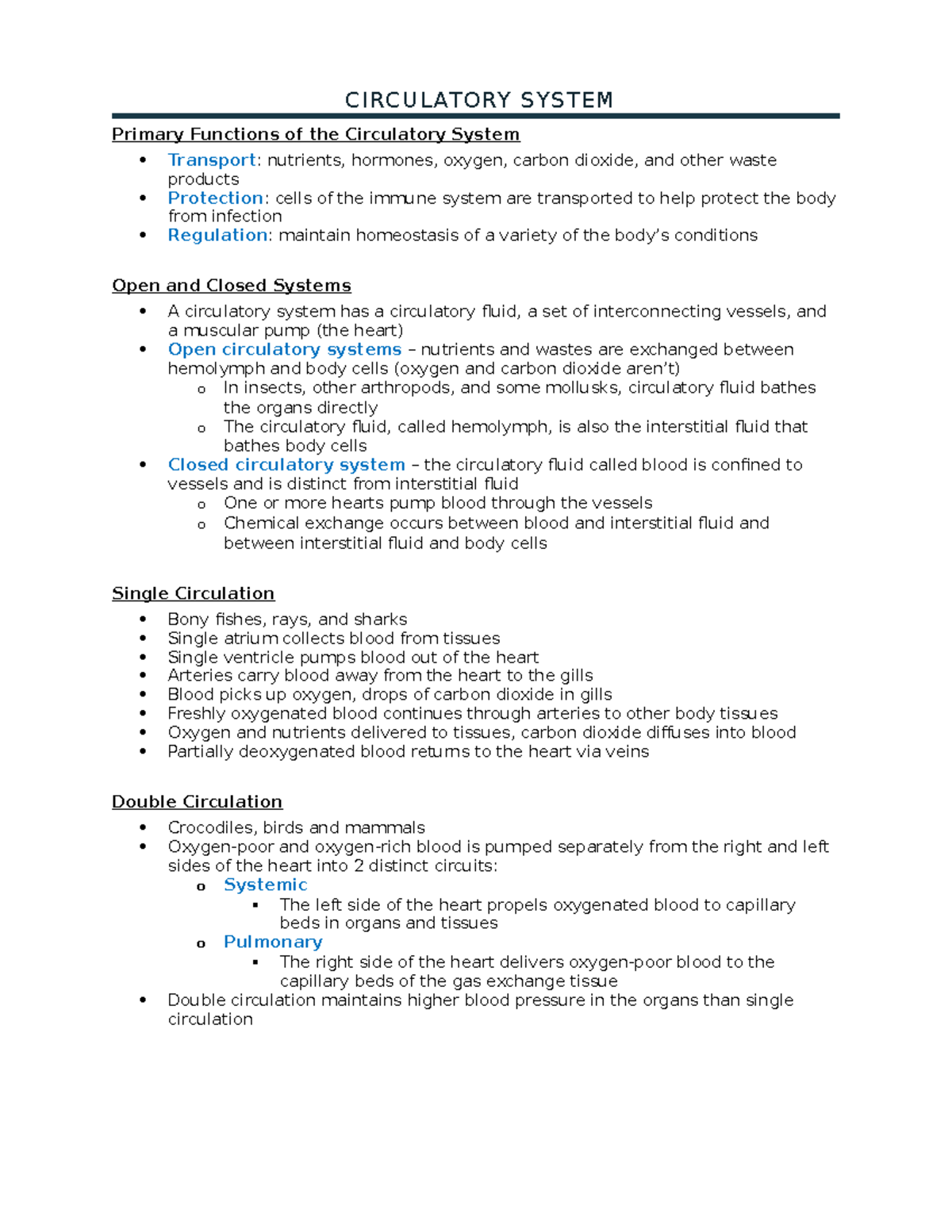 Unit 3 Notes - CIRCULATORY SYSTEM Primary Functions of the Circulatory ...