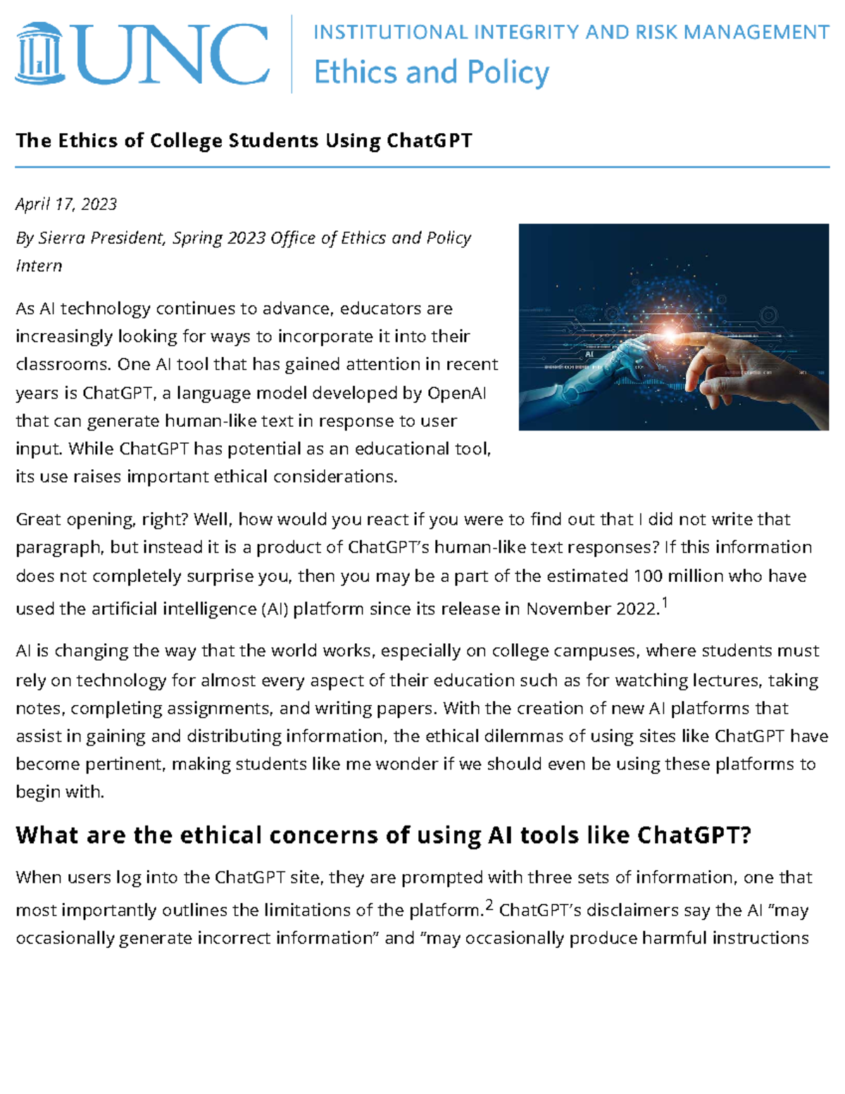 The Ethics of College Students Using Chat GPT - Ethics and Policy - The ...