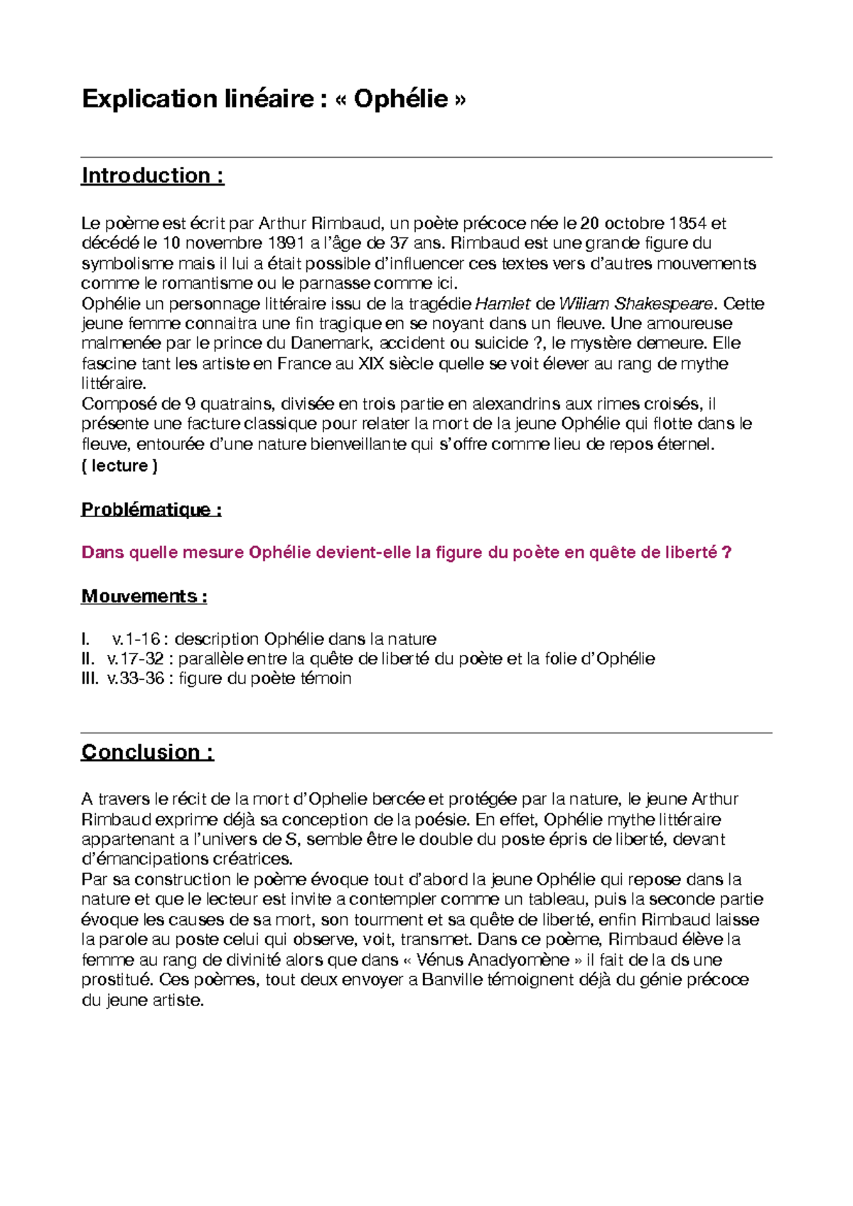 3 Ophélie - Explication linéaire : « Ophélie » Introduction : Le poème ...