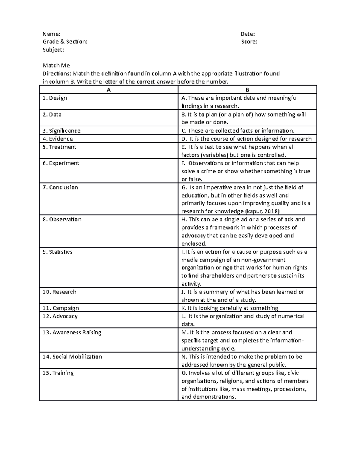 QUIZ #1 - This is a short quiz for Grade 10 students. - Name: Date ...