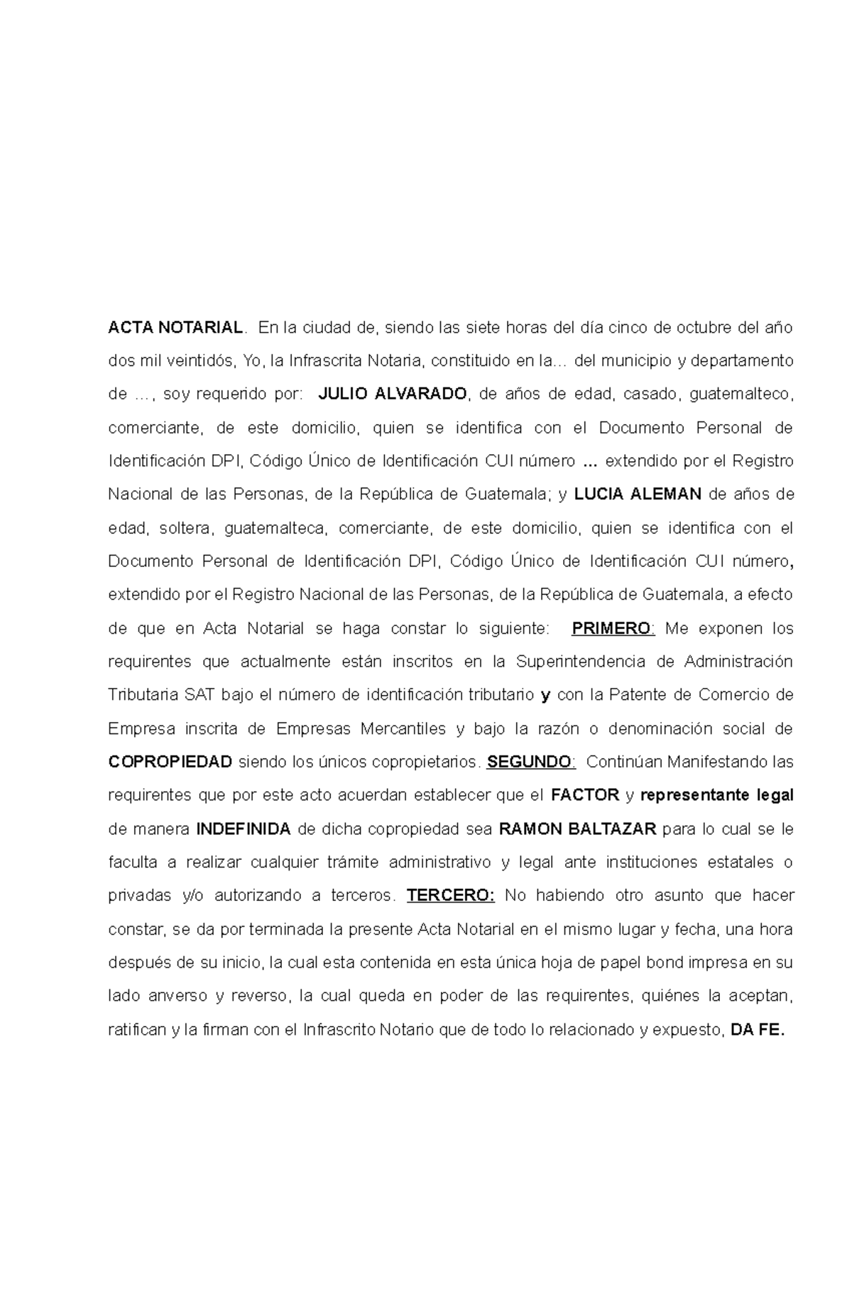 Acta Notarial de representacion en Copropiedad - ACTA NOTARIAL. En la ...