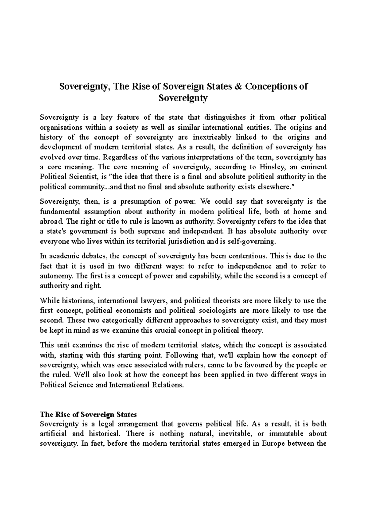Sovereignty, the rise of sovereignty and the coception of sovereignty ...