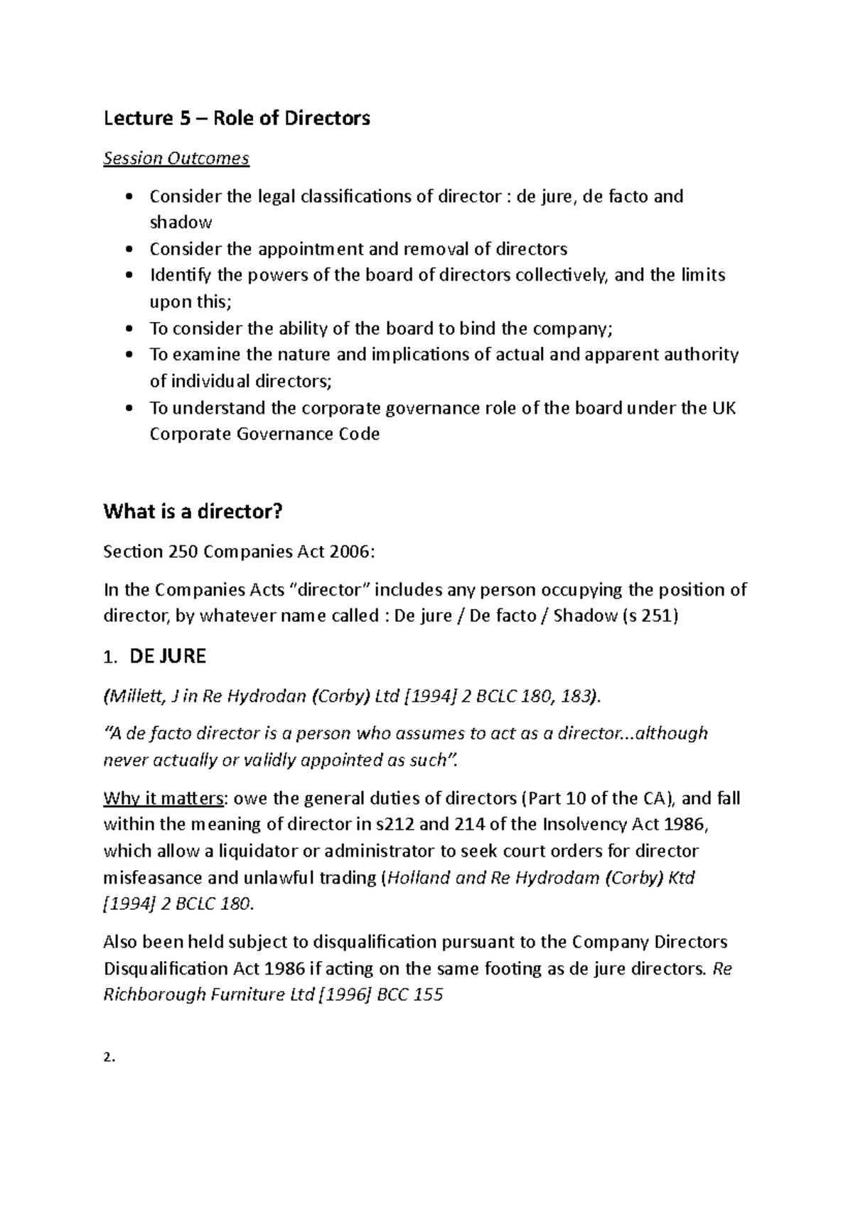 Lecture 5 - directors - director of company - Lecture 5 – Role of ...