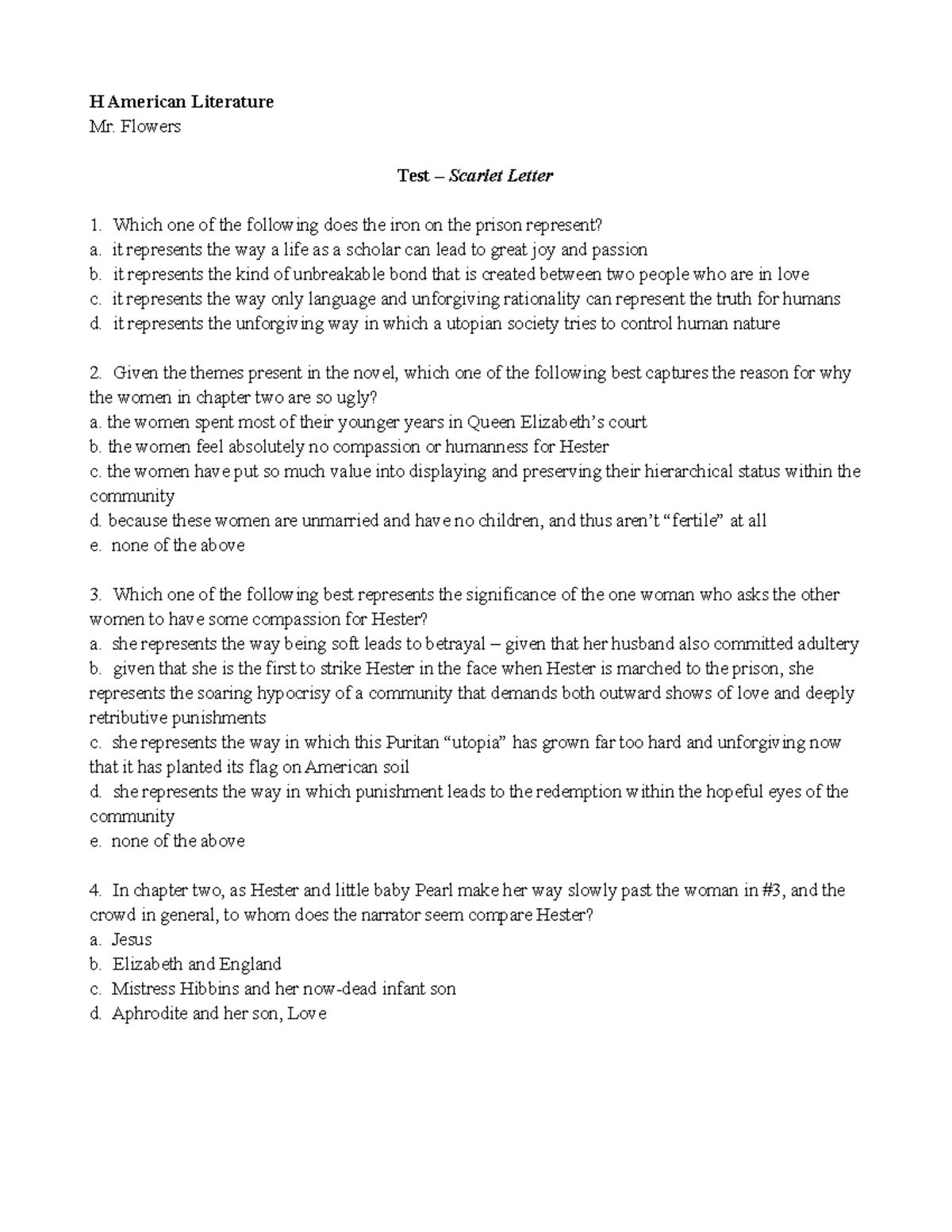'22- Scarlet Letter- Answers - Test - H American Literature Mr. Flowers ...