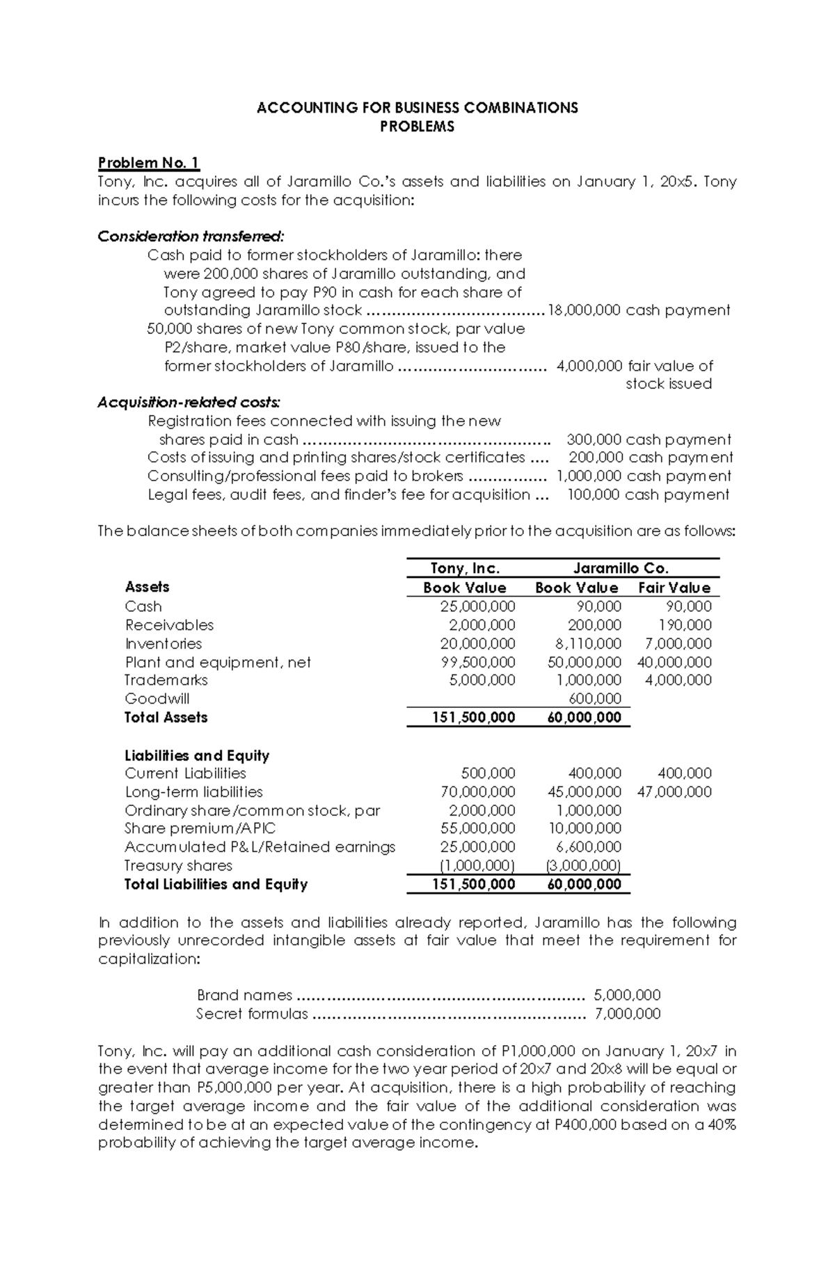 Long Problems- Business Combinations - ACCOUNTING FOR BUSINESS COMBINATIONS PROBLEMS Problem No ...