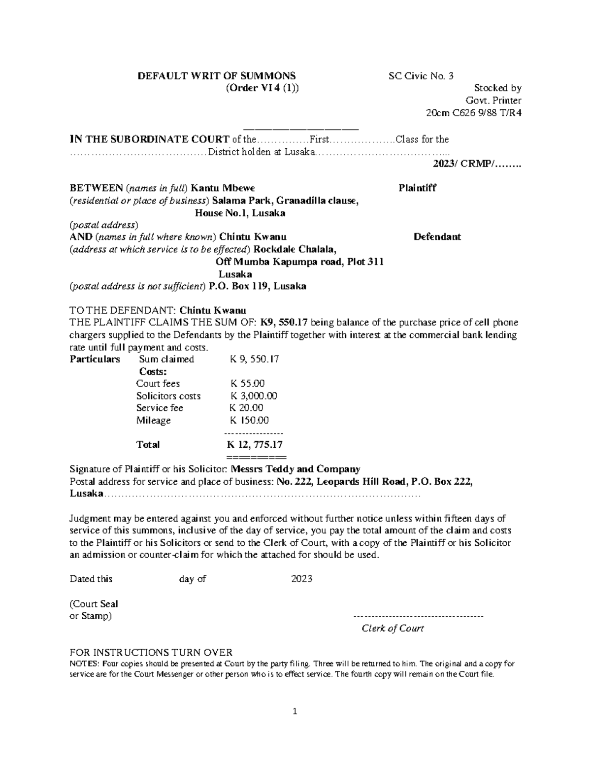Default WRIT OF Summons - DEFAULT WRIT OF SUMMONS SC Civic No. 3 (Order ...
