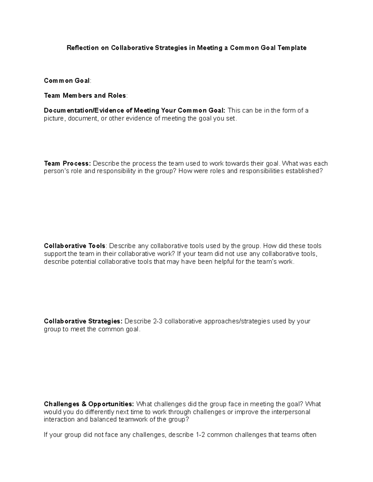 Collaborative Strategies Template - Reflection on Collaborative ...