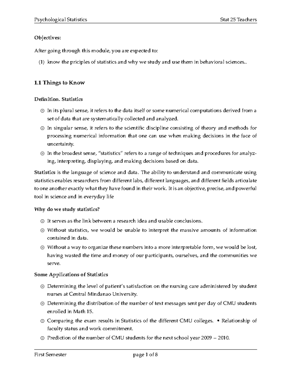 Hand-out1- Introduction to Statistics - Objectives: After going through ...