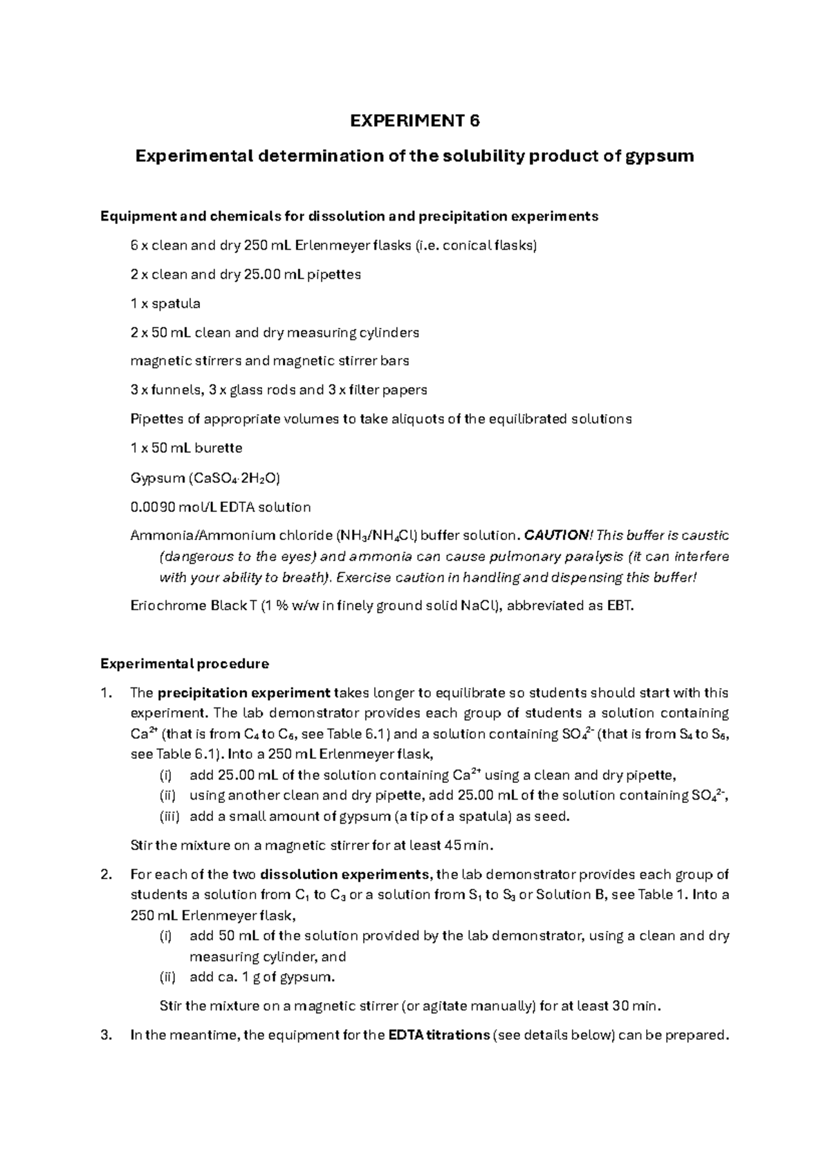 Gypsum solubility - Experimental procedure v2 - EXPERIMENT 6 ...