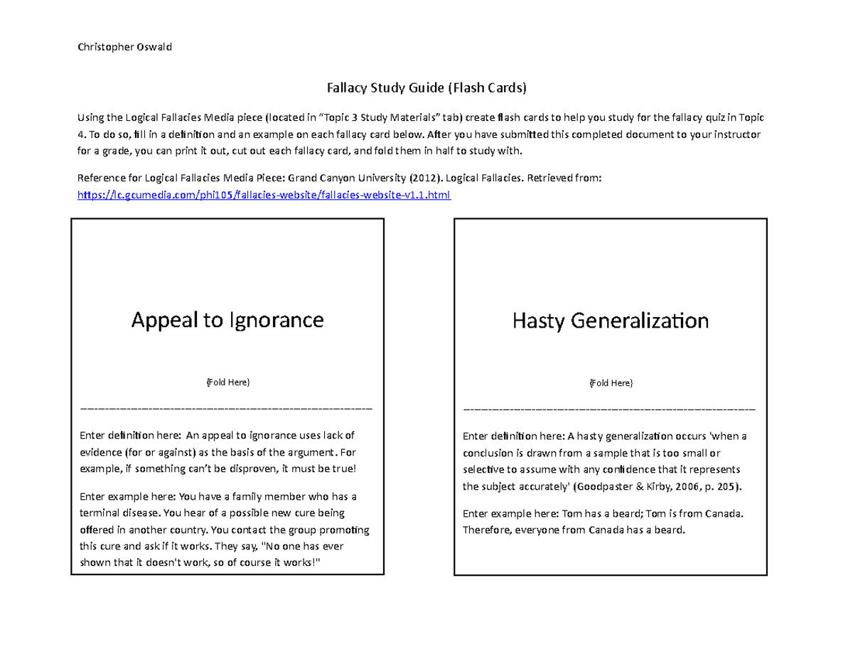 PHI105 fallacy study guide - Fallacy Study Guide (Flash Cards) Using ...