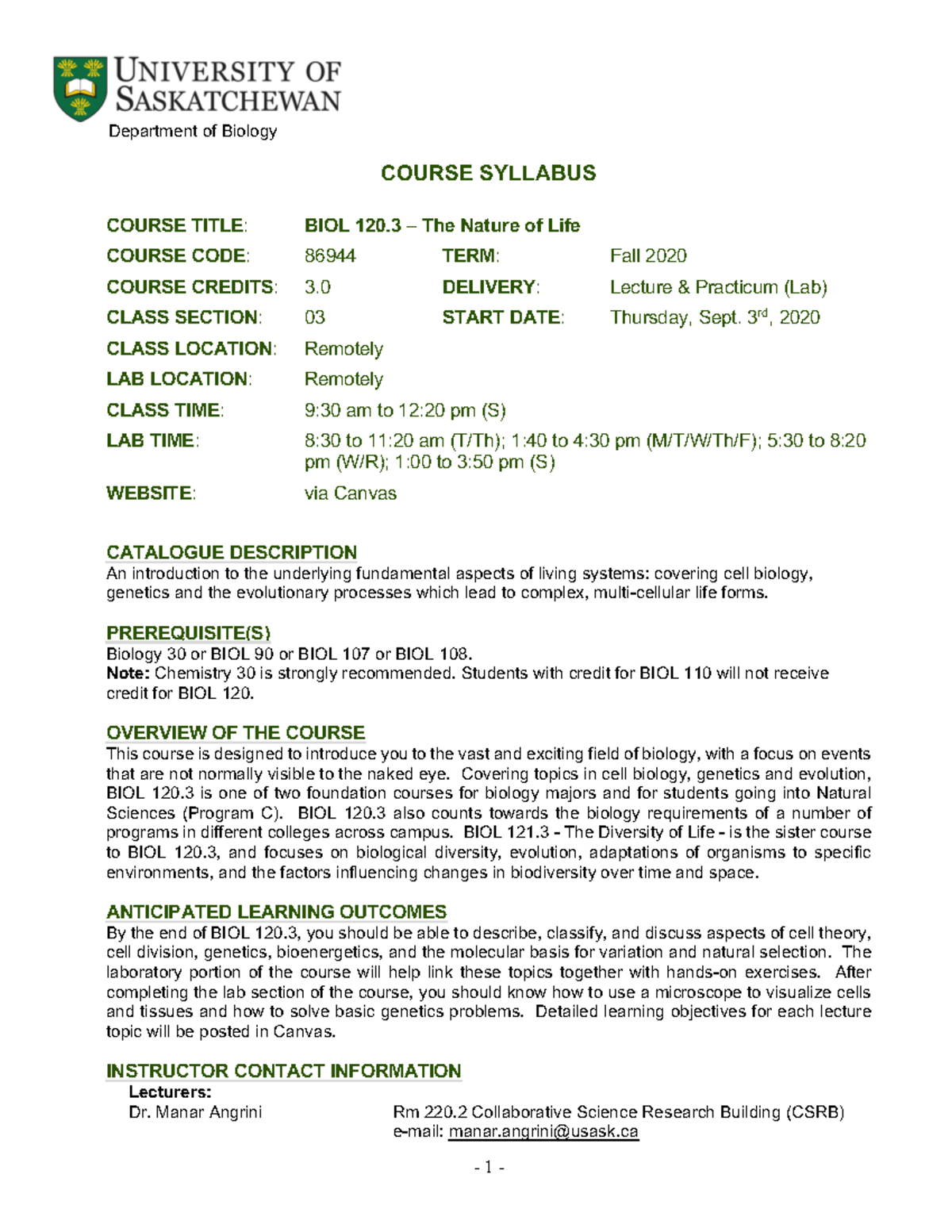 3 BIOL120(01) Syllabus Term1 (2020-2021) - Department of Biology COURSE ...