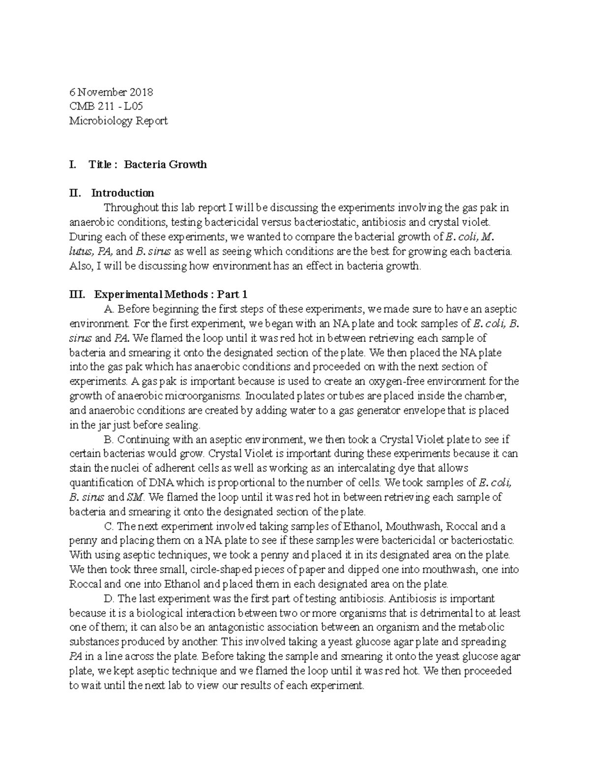 Lab Report for CMB211 - 6 November 2018 CMB 211 L05 Microbiology Report ...