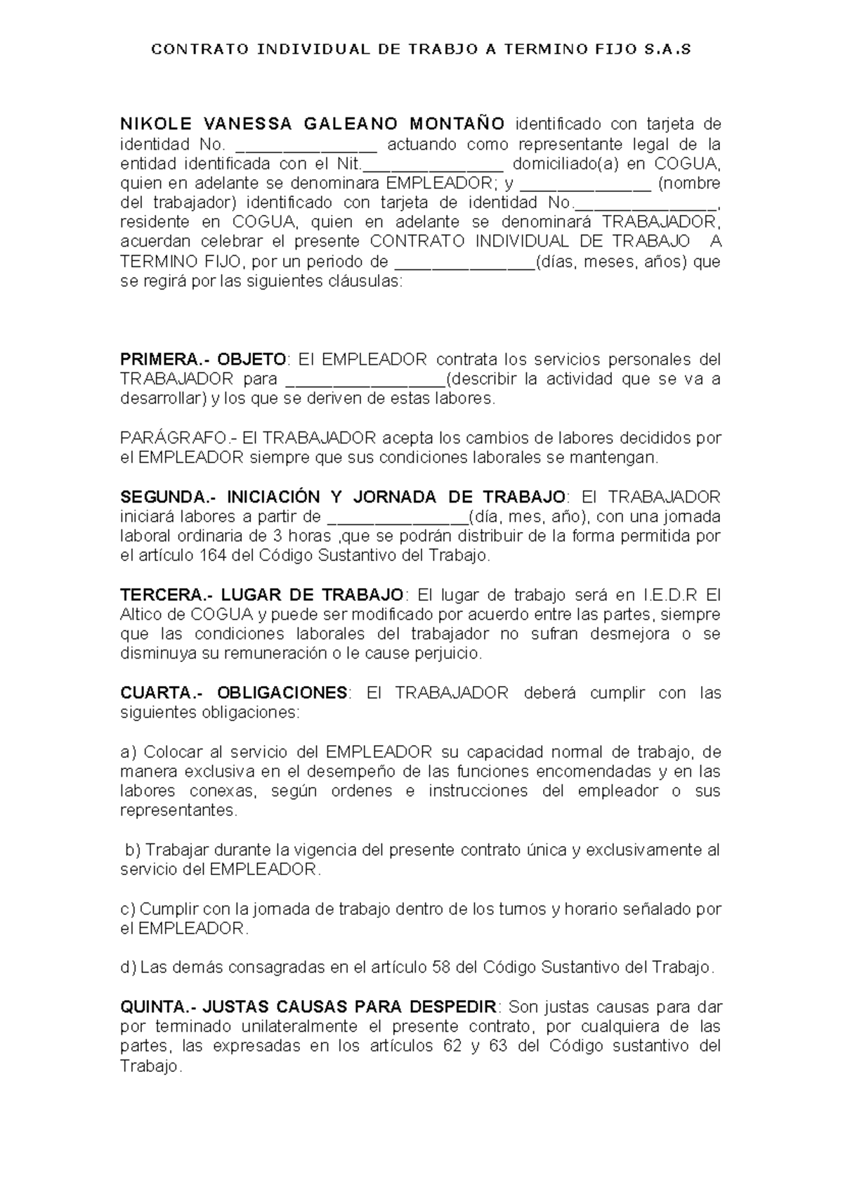 Plantilla para la elaboracion de contrato individual de trabajo - CON TRA TO I NDI VI DUA L DE ...