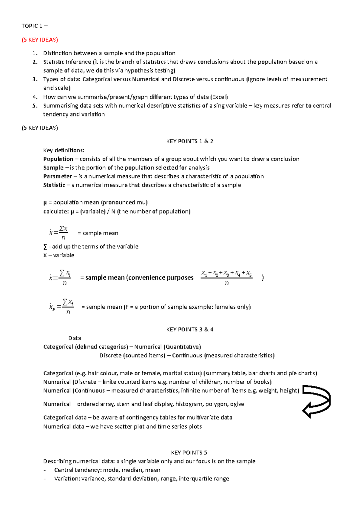 Business Statistics Lecture 1 Topic 1 5 Key Ideas Distinction Between A Sample And The
