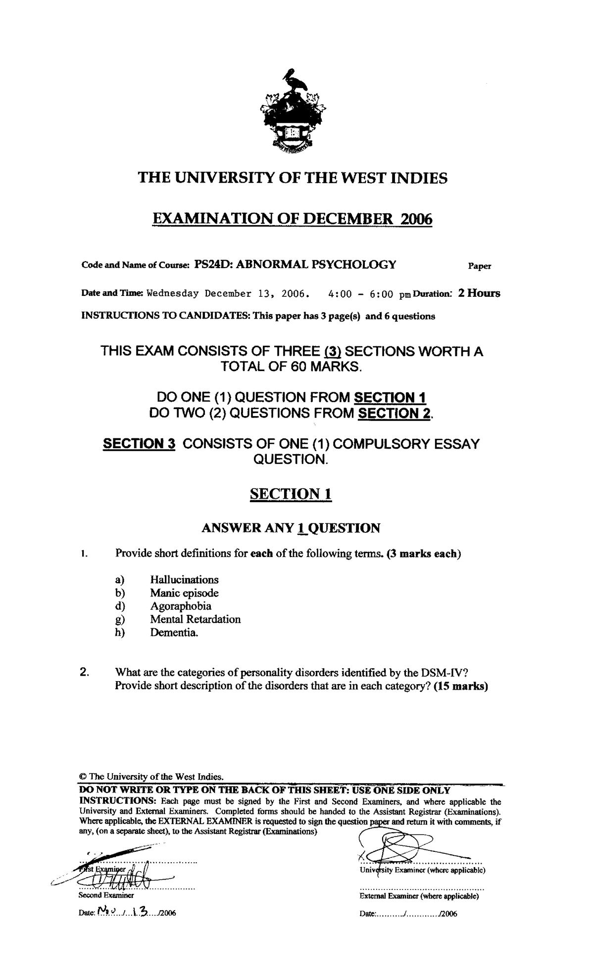 PSYC2002: Abnormal Psychology MCQS Past Paper - UWI Mona - Studocu