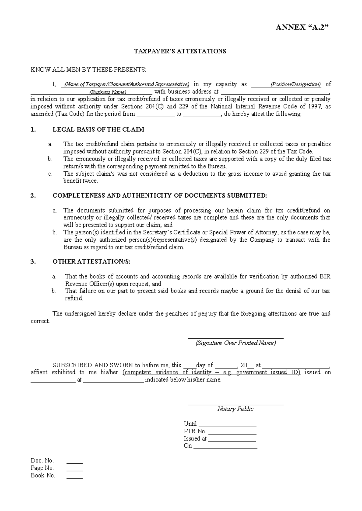 RMO 27 Annex A.2 - Taxpayers Attestations - ANNEX “A” TAXPAYER’S ...