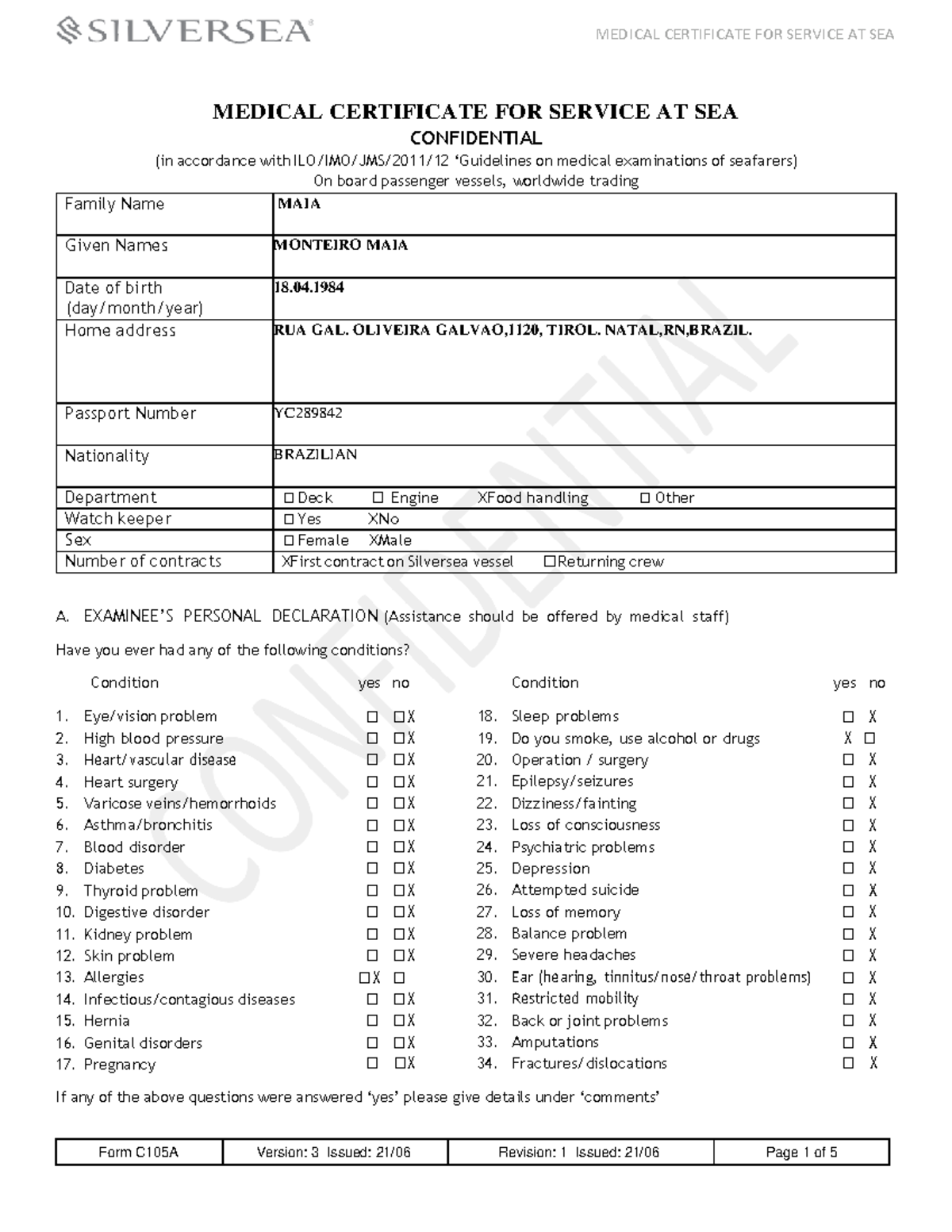 Silversea Medical Certificate C105A C105B - MEDICAL CERTIFICATE FOR ...