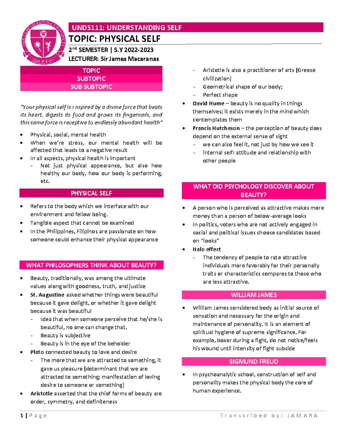 Lesson 2 - Physical SELF - 1 | P a g e T r a n s c r i b e d b y : J A M A R A TOPIC SUBTOPIC ...