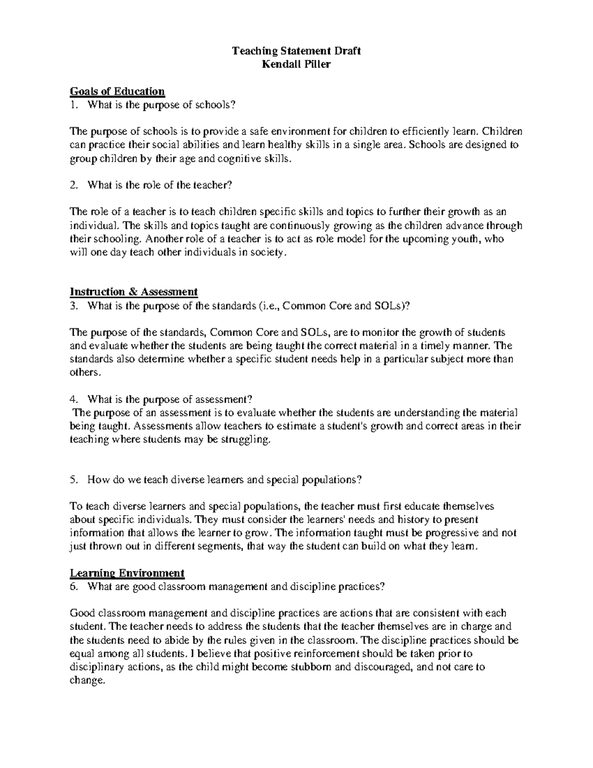 Teaching Statement Draft - Teaching Statement Draft Kendall Piller ...