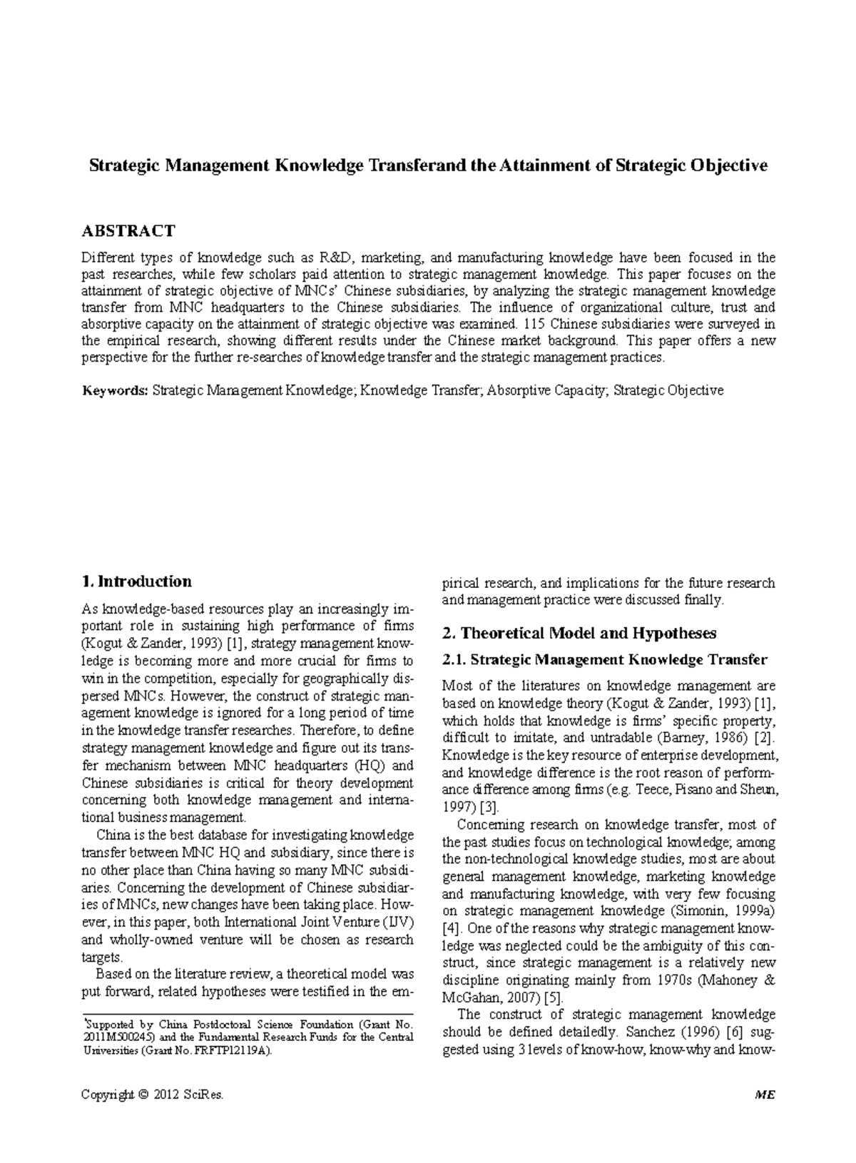 Strategic Management Knowledge Transfer and the Attainment of Strategic ...
