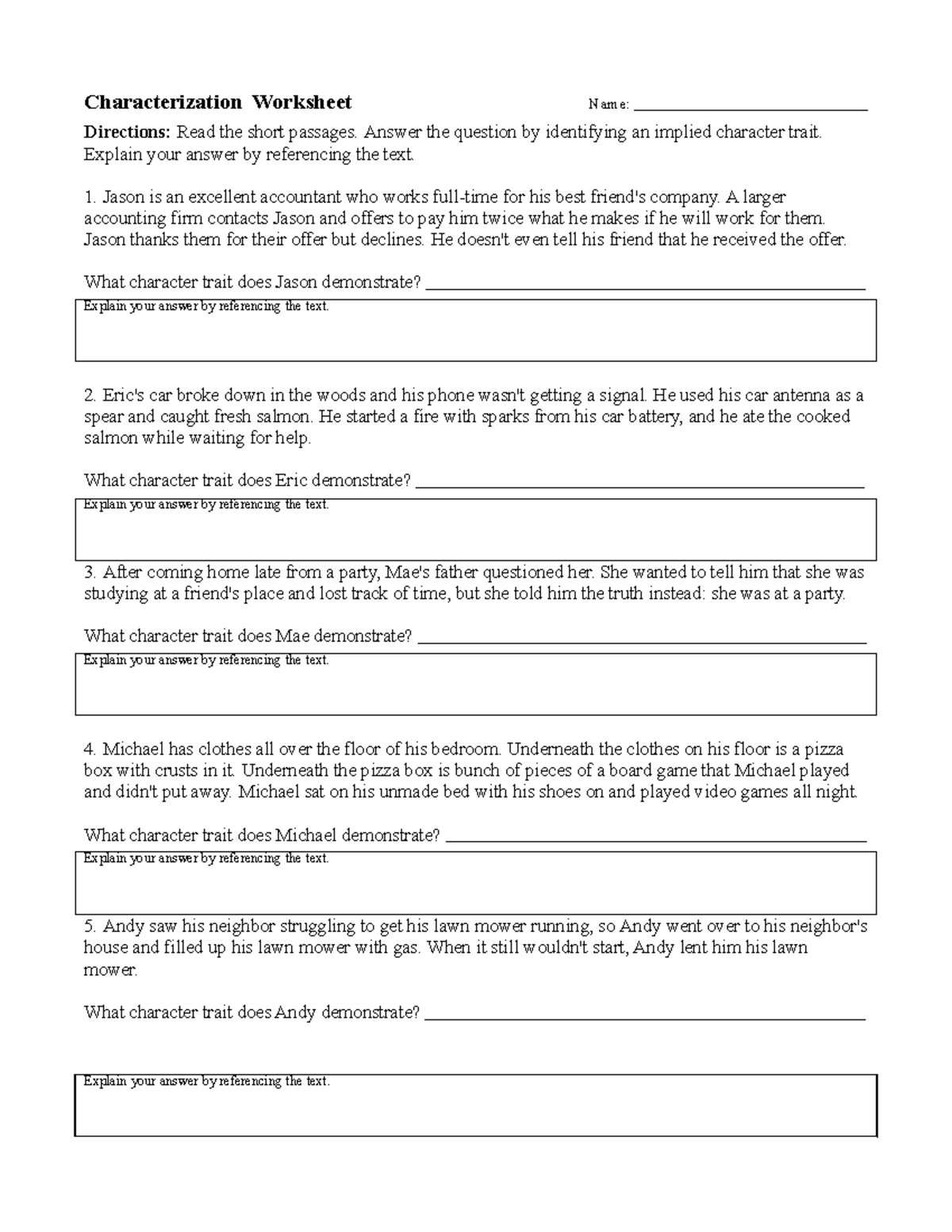 Characterization Worksheet - Answer the question by identifying an ...