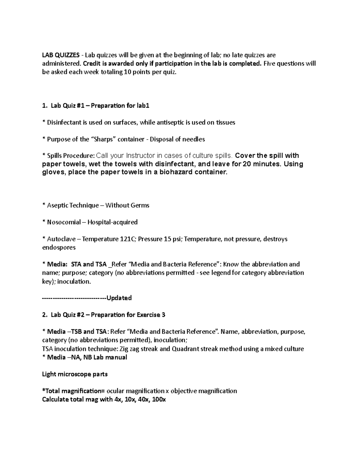 LAB Quiz study guides 1-5 - LAB QUIZZES - Lab quizzes will be given at ...