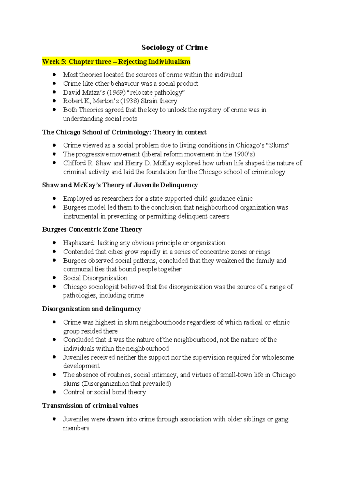 Sociology of Crime Chapter notes (Week 4 - Sociology of Crime Week 5 ...