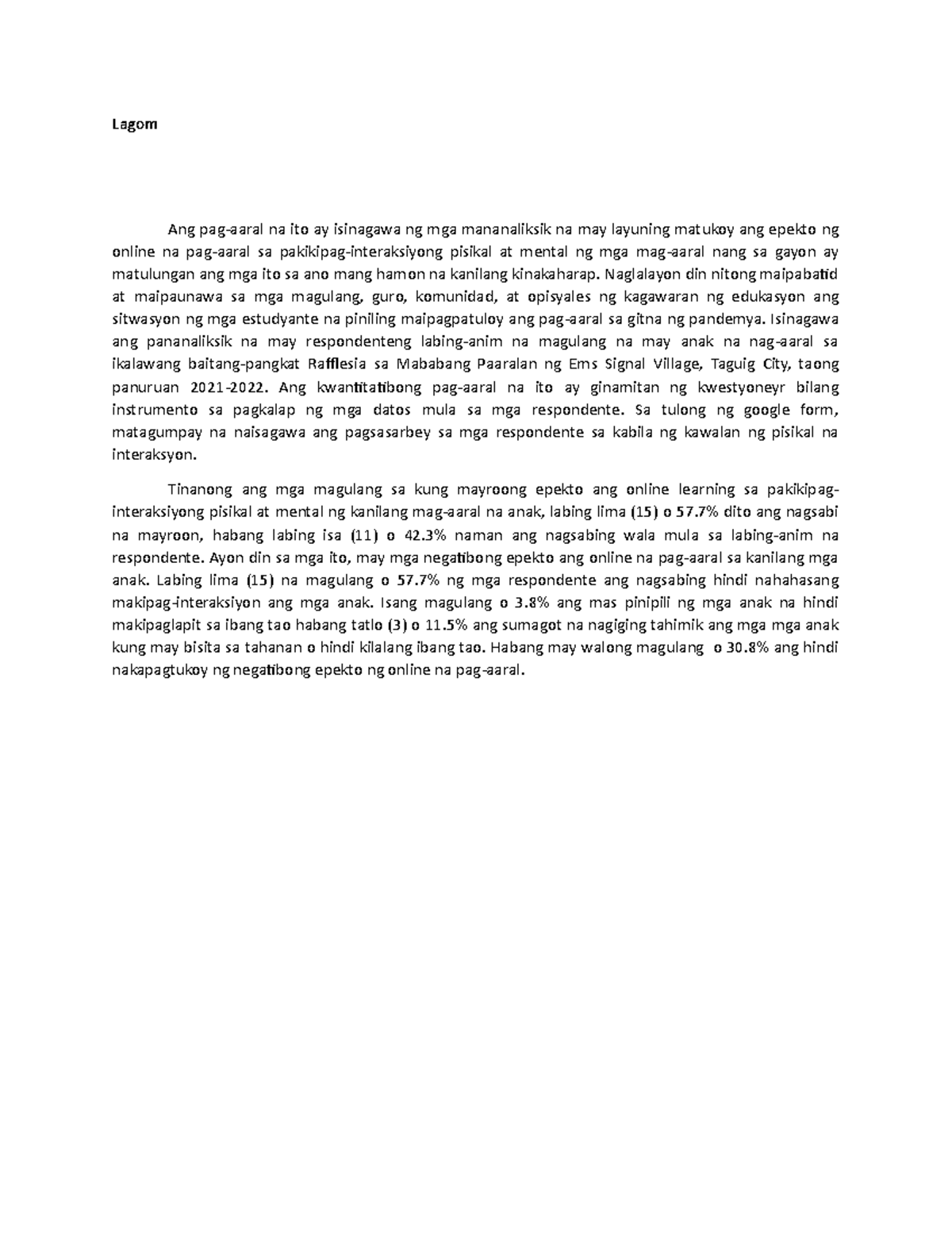 Ikalimang Kabanata: Lagom sa Pananaliksik - Lagom Ang pag-aaral na ito ...