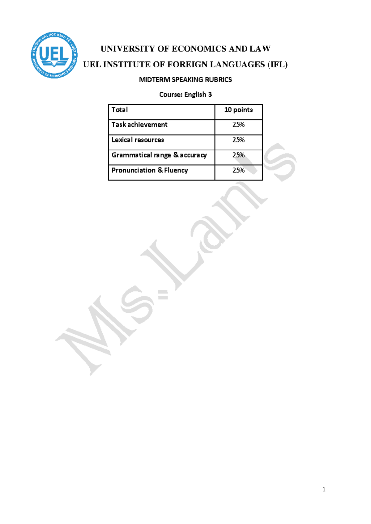 Mid-term Speaking test for B1+ (1-5) - UEL INSTITUTE OF FOREIGN ...