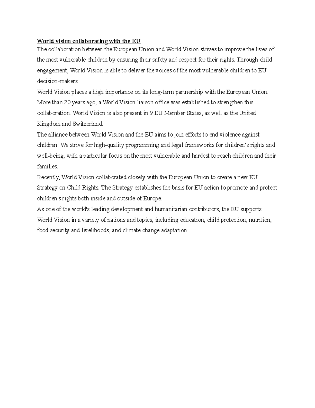 World vision assignment - World vision collaborating with the EU The ...