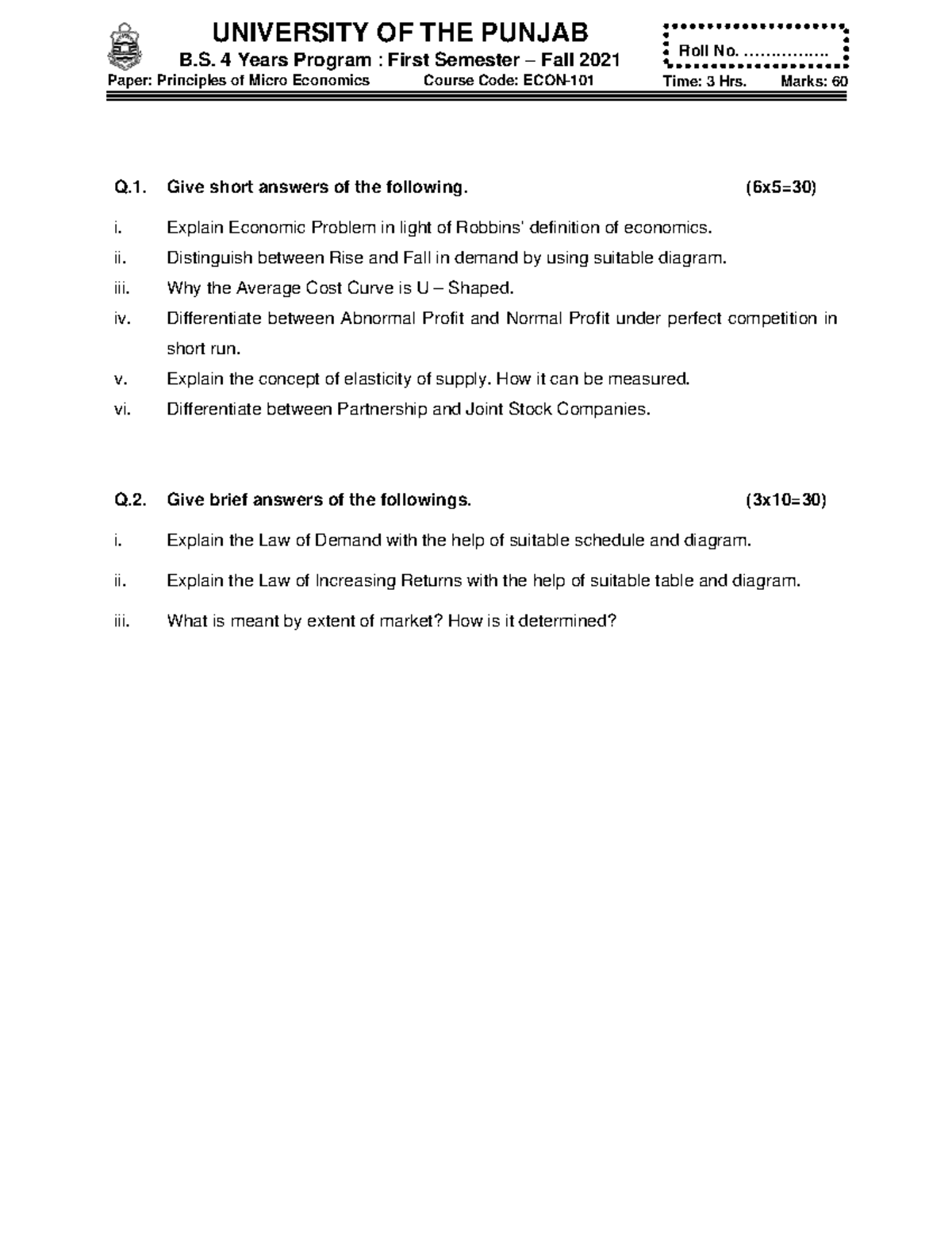 P2021 ECON-101 - Past papers of year 2021 - Q. Give short answers of ...