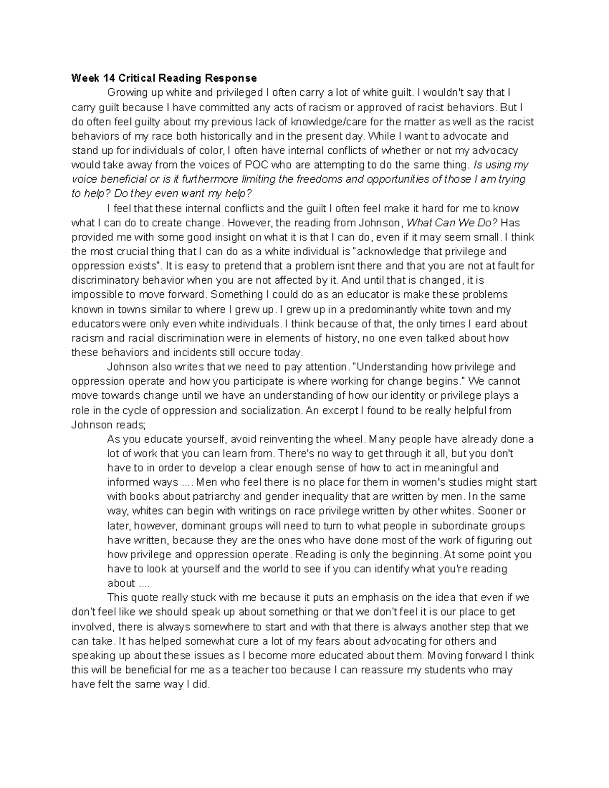 Week 14 Reading Response - Week 14 Critical Reading Response Growing up ...